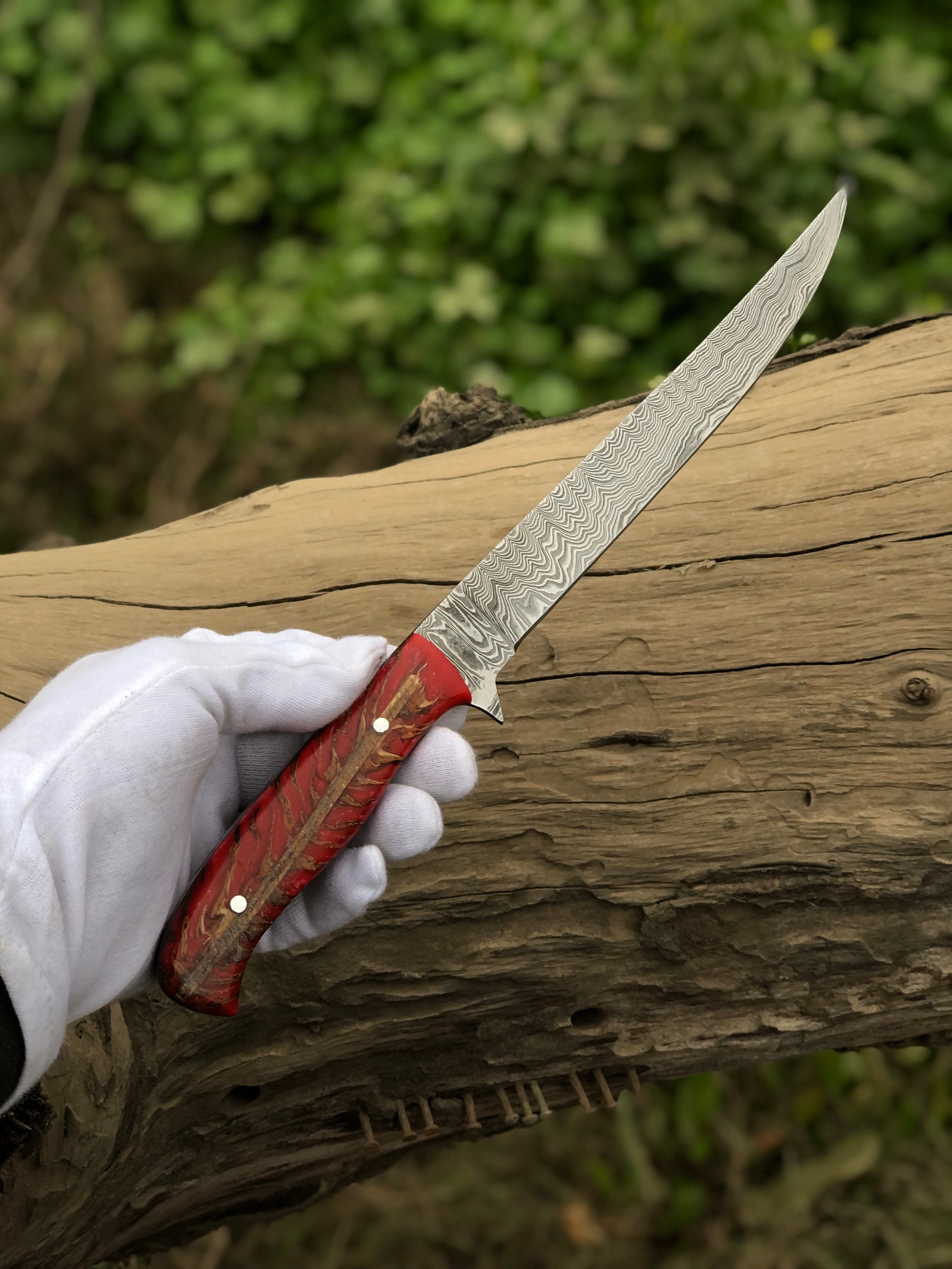 Custom Handmade Damascus Steel Fillet Knife with Epoxy Resin Pine Cone ...